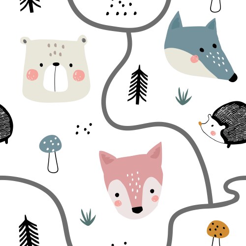 Seamless woodland pattern with cute animal faces Vector Image