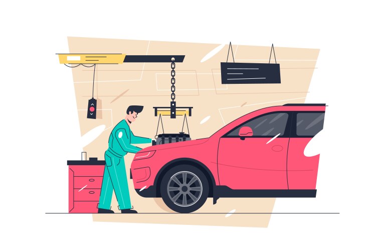 Cartoon mechanic workshop fitting repair Vector Image