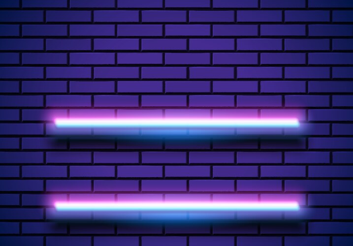 Neon frame with shelves on the blue brick wall Vector Image