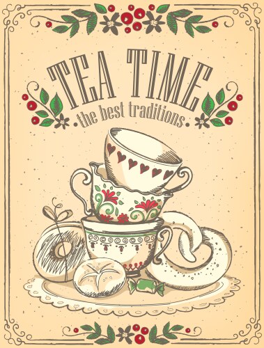 Tea time with cute cups freehand drawing sketch Vector Image