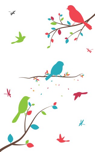 Colorful birds sitting on tree branch Royalty Free Vector