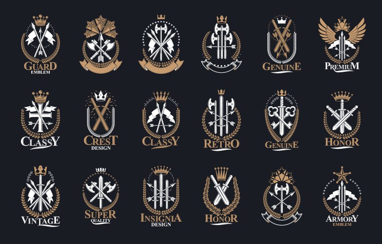 Weapon emblems big set heraldic design Royalty Free Vector