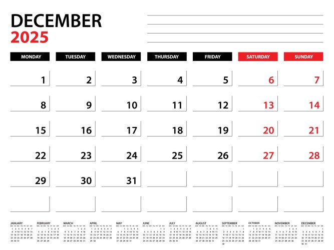 Calendar 2025 template - december 2025 Royalty Free Vector