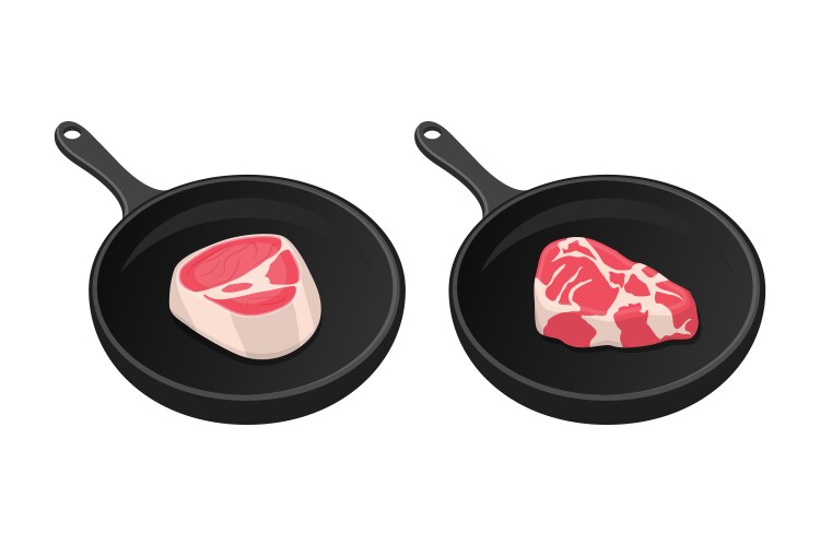 Cartoon pan set with meat bone-in steak Royalty Free Vector