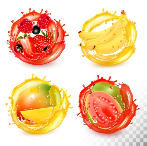 Big collection fruit in a water splash icons Vector Image