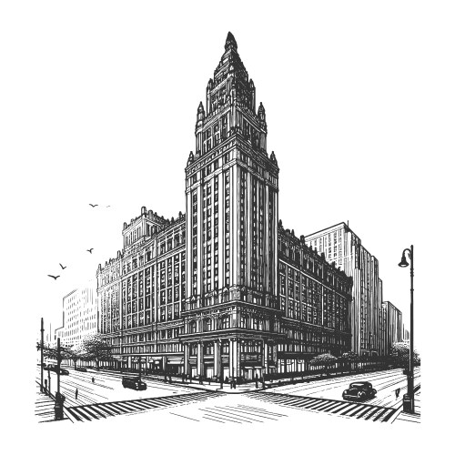 Cityscape with historic building engraving Vector Image