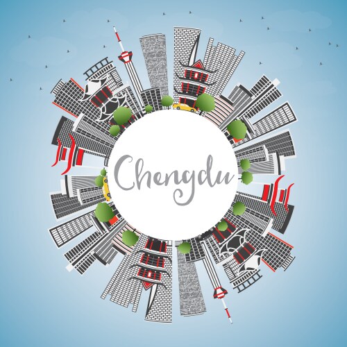 Chengdu china skyline with color buildings Vector Image