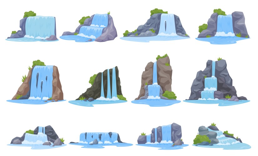Nature waterfall set isolated waterfalls cartoon Vector Image