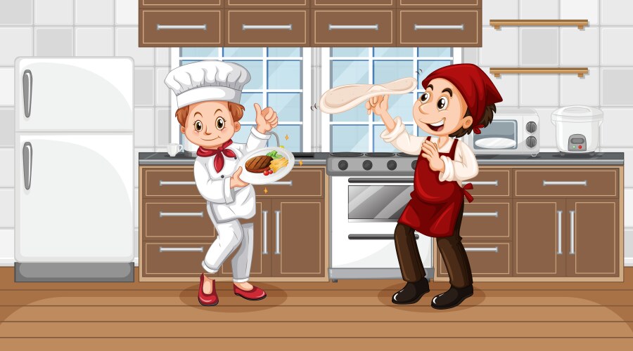 Home kitchen interior housekeepers prepare meal Vector Image