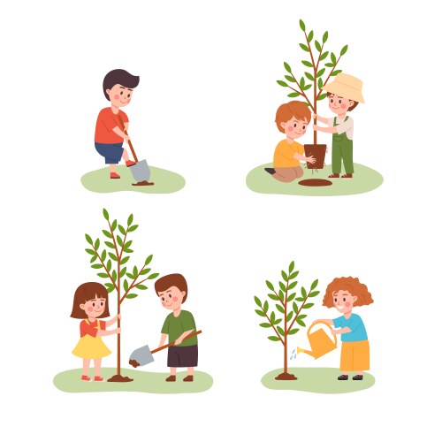 Cartoon children gardening and planting tree flat Vector Image