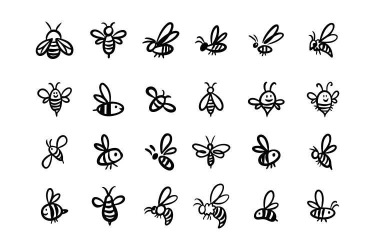 Doodle hand drawn bee set cartoon outline line Vector Image