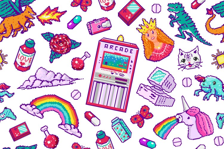 Pixel art 8 bit objects character monkey cherry Vector Image