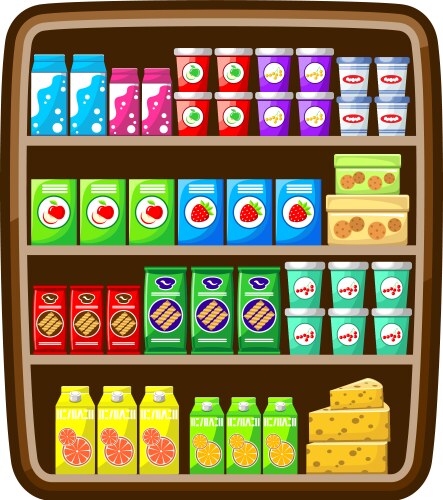 Grocery store shelves with fruits and vegetables Vector Image