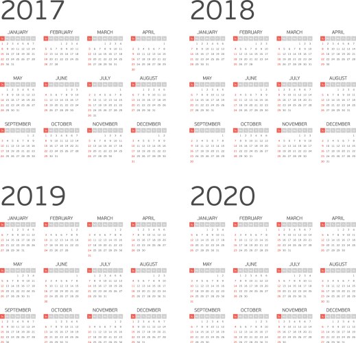 English calendar 2019 - 2024 Royalty Free Vector Image