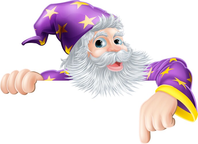 Wizard pointing at wood sign Royalty Free Vector Image