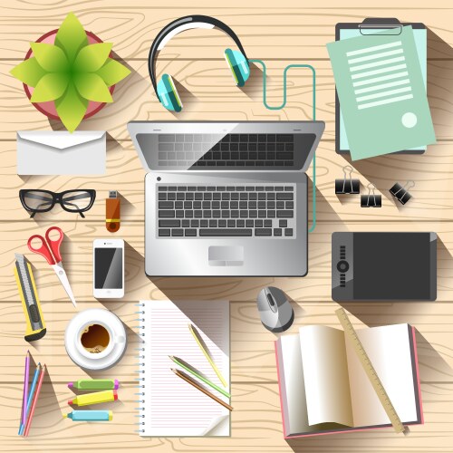 Top view office wooden desk in morning Royalty Free Vector