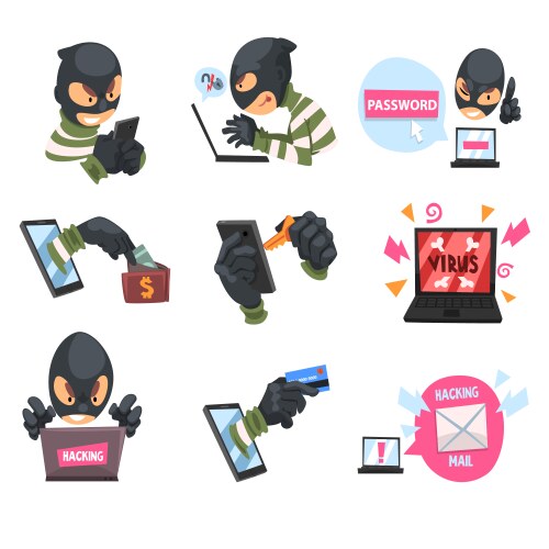Cartoon hacker character cyber threat Royalty Free Vector