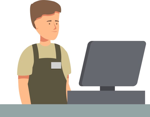 Smiling cashier standing behind cash register in Vector Image