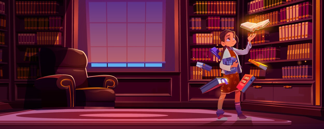 Magic library with flying glowing books Royalty Free Vector
