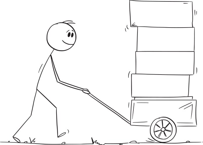 Person or boy pulling another man in cart cartoon Vector Image