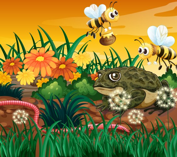 Cheerful frog with butterfly on a daisy in bloom Vector Image