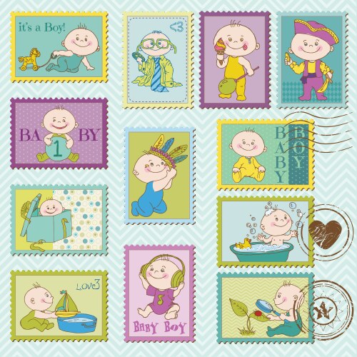 Postage stamps with baby theme Royalty Free Vector Image