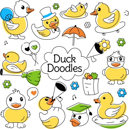 A doodle duck showcasing cute rubber ducks Vector Image