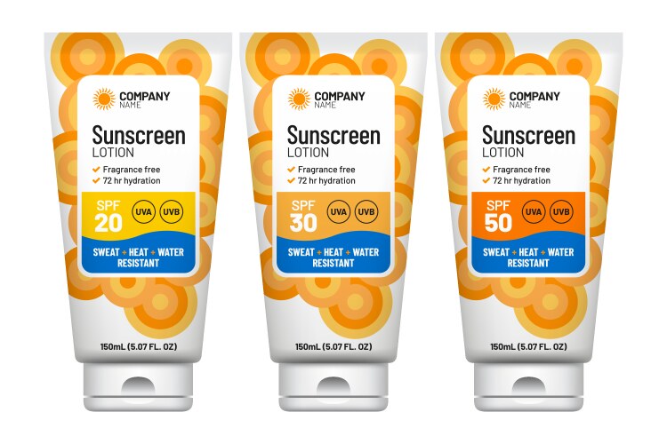 Sunscreen lotion product label set Royalty Free Vector Image