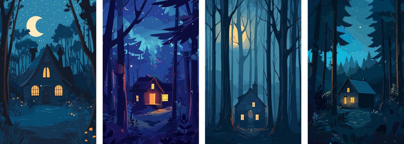 Magical forest landscape posters set fairytale Vector Image