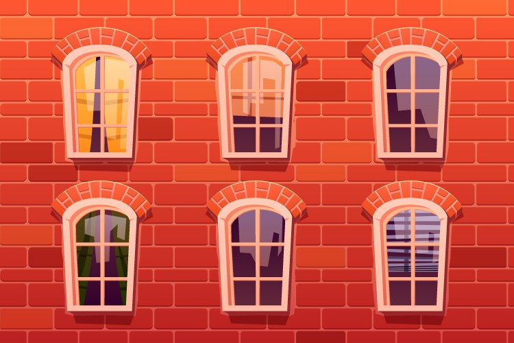 Cartoon wooden door and windows on stone wall Vector Image