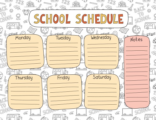 School Schedule Template Printable Us Letter Size Vector Image