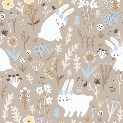 Cute rabbit bunny in flower seamless pattern Vector Image