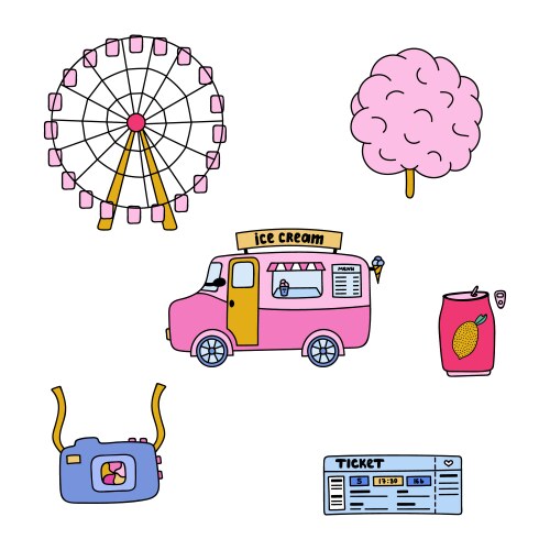 Cute doodle set with amusement park Royalty Free Vector