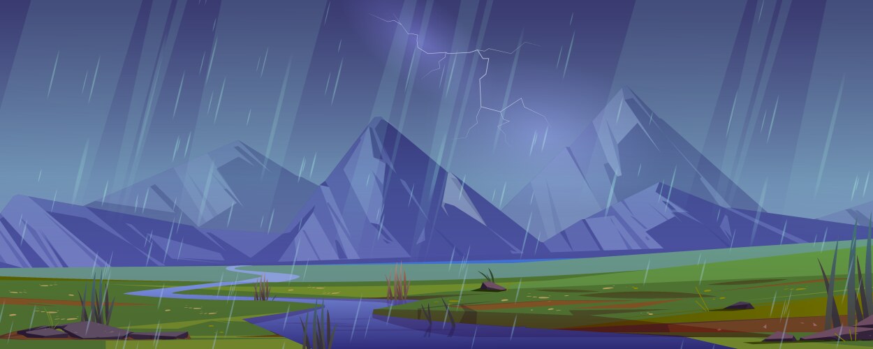 Storm rainy landscape with mountain and houses Vector Image