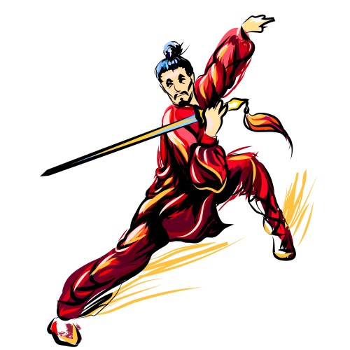 Master wushu shaolin warrior in a jump Royalty Free Vector