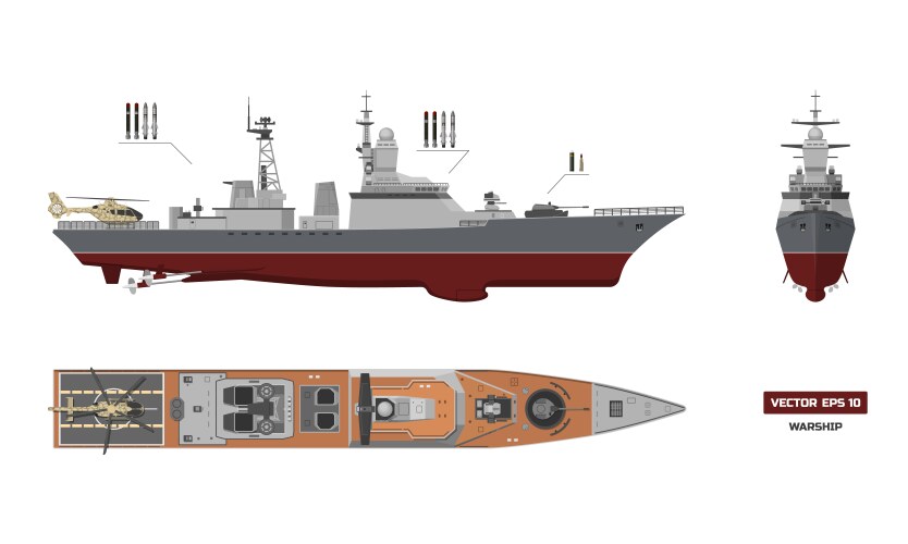 Military ship top front and side view Royalty Free Vector