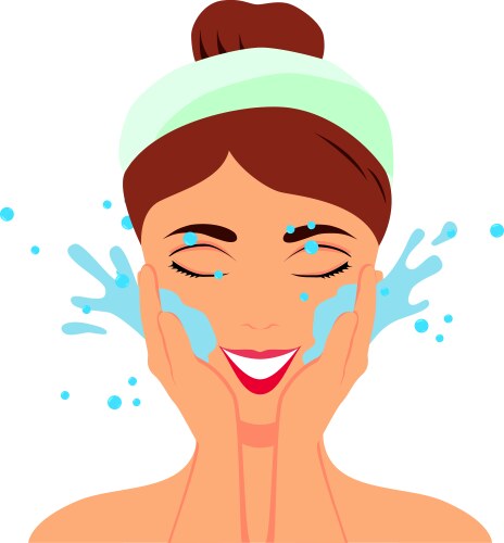 Woman showing four steps for washing face Vector Image