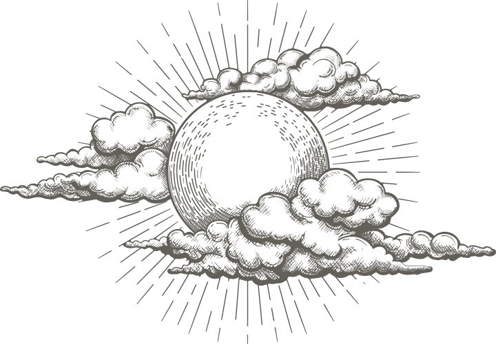 Stylized sun clouds engraving Royalty Free Vector Image