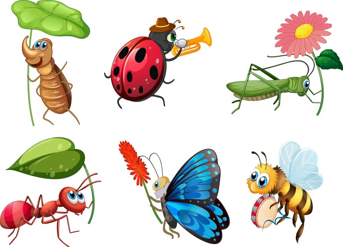 Set of cute joyful insects isolated on white Vector Image