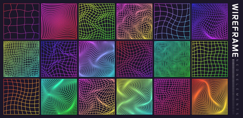 Colorful wireframe shapes lined perspective mesh Vector Image