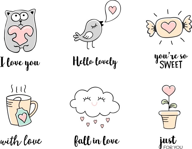 Love and hearts hand drawn set of cute doodle Vector Image