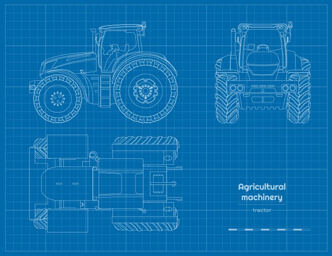 Outline blueprint tractor side front and top Vector Image