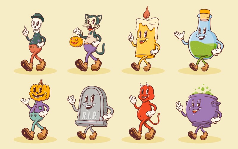 Groovy halloween retro characters set cartoon Vector Image