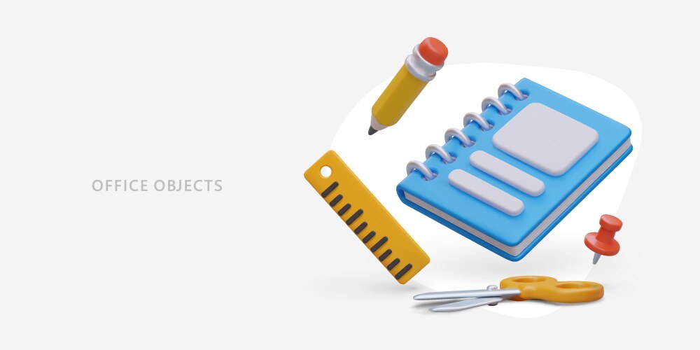 Office items 3d scissors notebook pencil ruler Vector Image