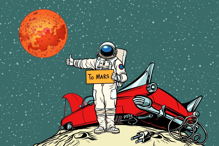 Astronaut in electric car over mars Royalty Free Vector