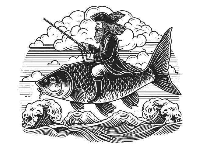 Pirate captain riding fish sketch Royalty Free Vector Image
