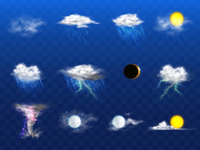 Realistic weather icons on transparent Royalty Free Vector