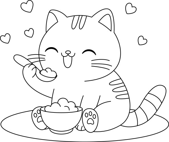 Cute cat is happily eating coloring page Vector Image