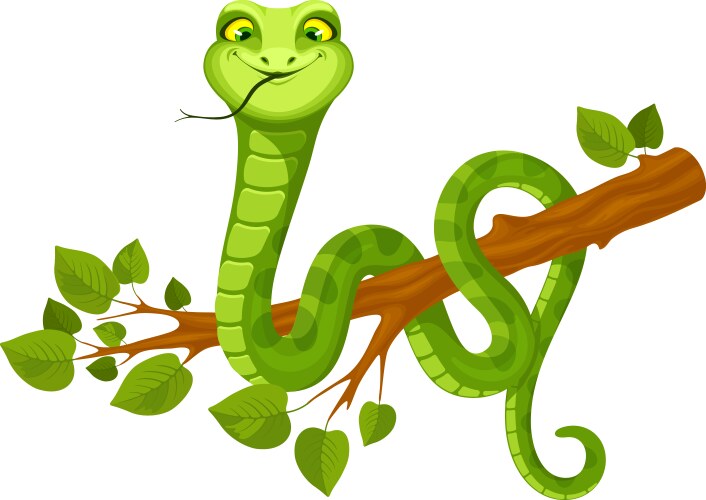 Cartoon green snake on branch Royalty Free Vector Image