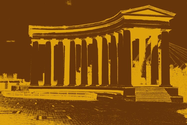 Broken ancient temple building at night Royalty Free Vector